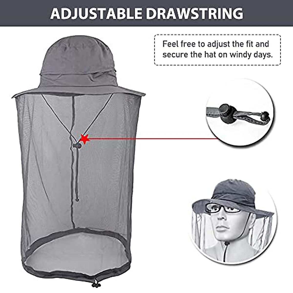 Mosquito Net Head Hat+Bug Jacket M, Sun Hats with Mosquito Netting Face Neck Mask Bucket Hat Cap Protector, Anti Mosquito Netting Suit with Zipper on Hood Ultra-fine Mesh