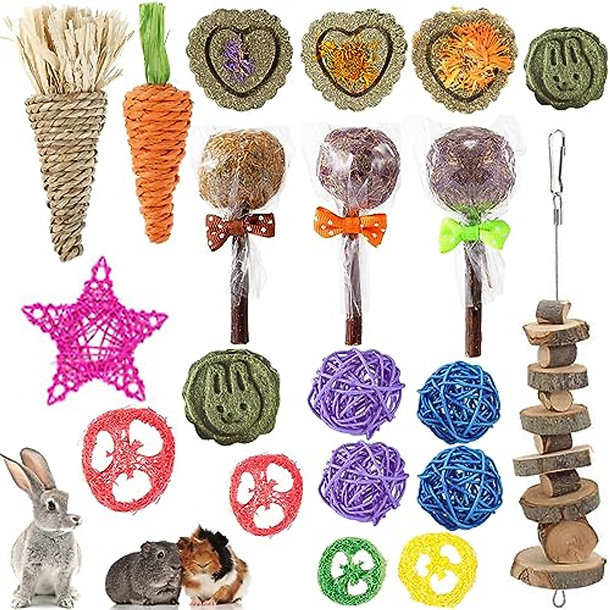 RUNANIA 20 Pcs Rabbit Chew Toys for Teeth, Natural Wood Sticks Timothy Chew Toys for Rabbit Bunny Guinea Pig Hamster Chinchilla