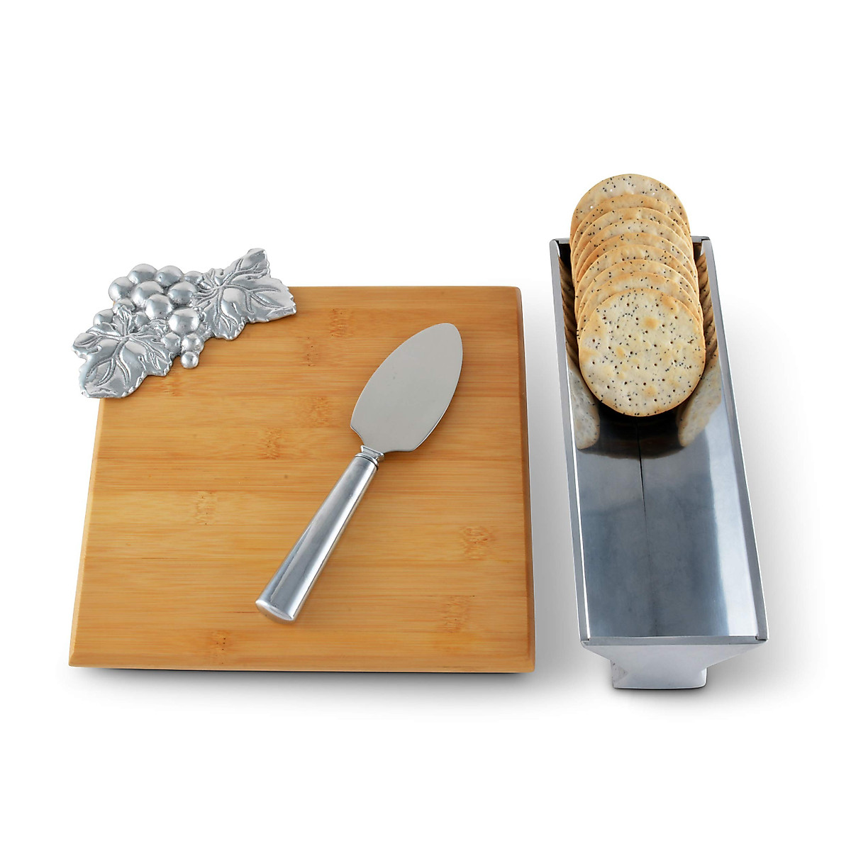 Arthur Court Designs Bamboo Cheese Board with Aluminum Grape Accent Cracker Tray and Spreader 8.5 inch x 8.5 inch board