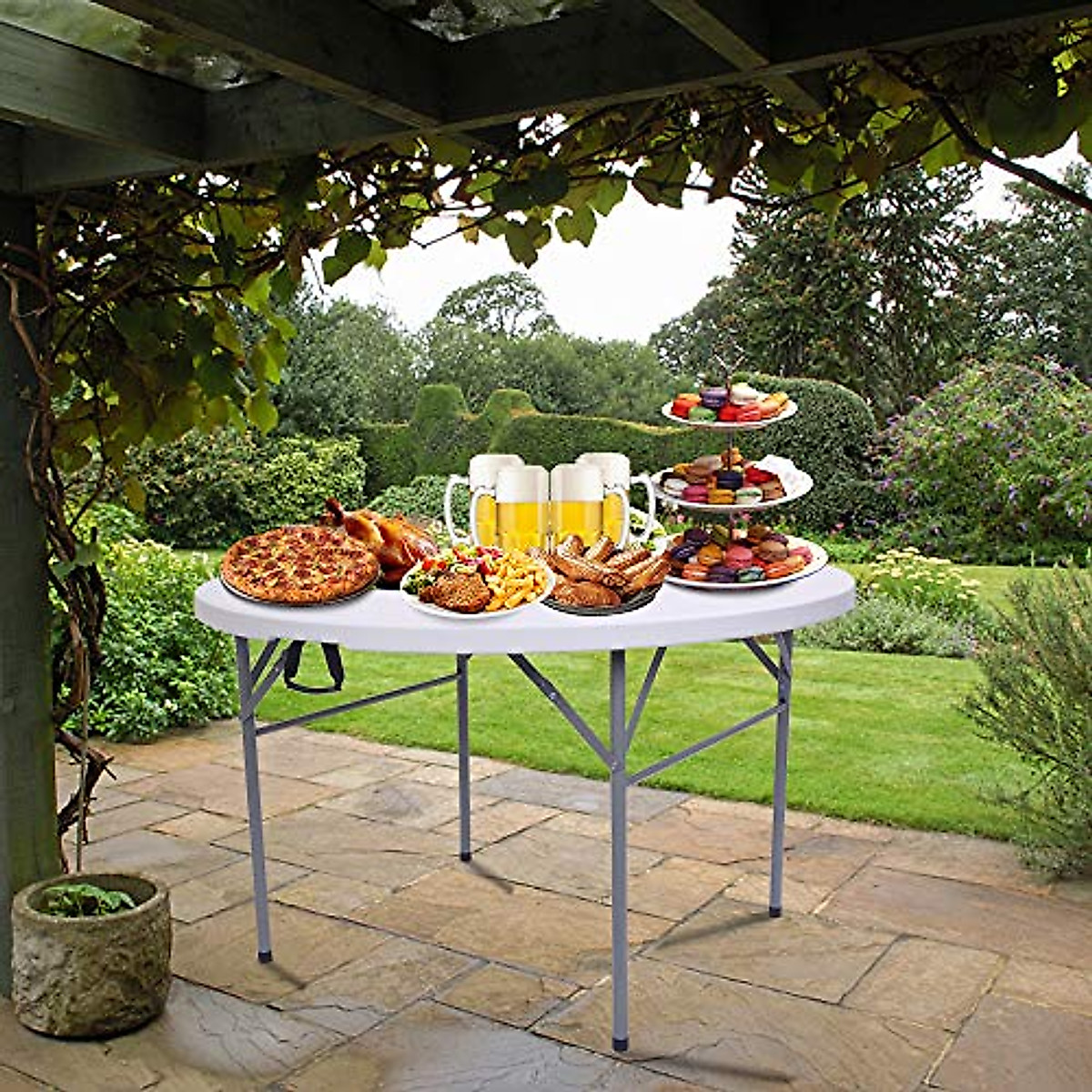 Simply-Me Patio Dining Table 48 Inch Fold-in-Half Round Folding Table Indoor Outdoor Utility Table with 4 Steel Feet,Carrying Handle,White