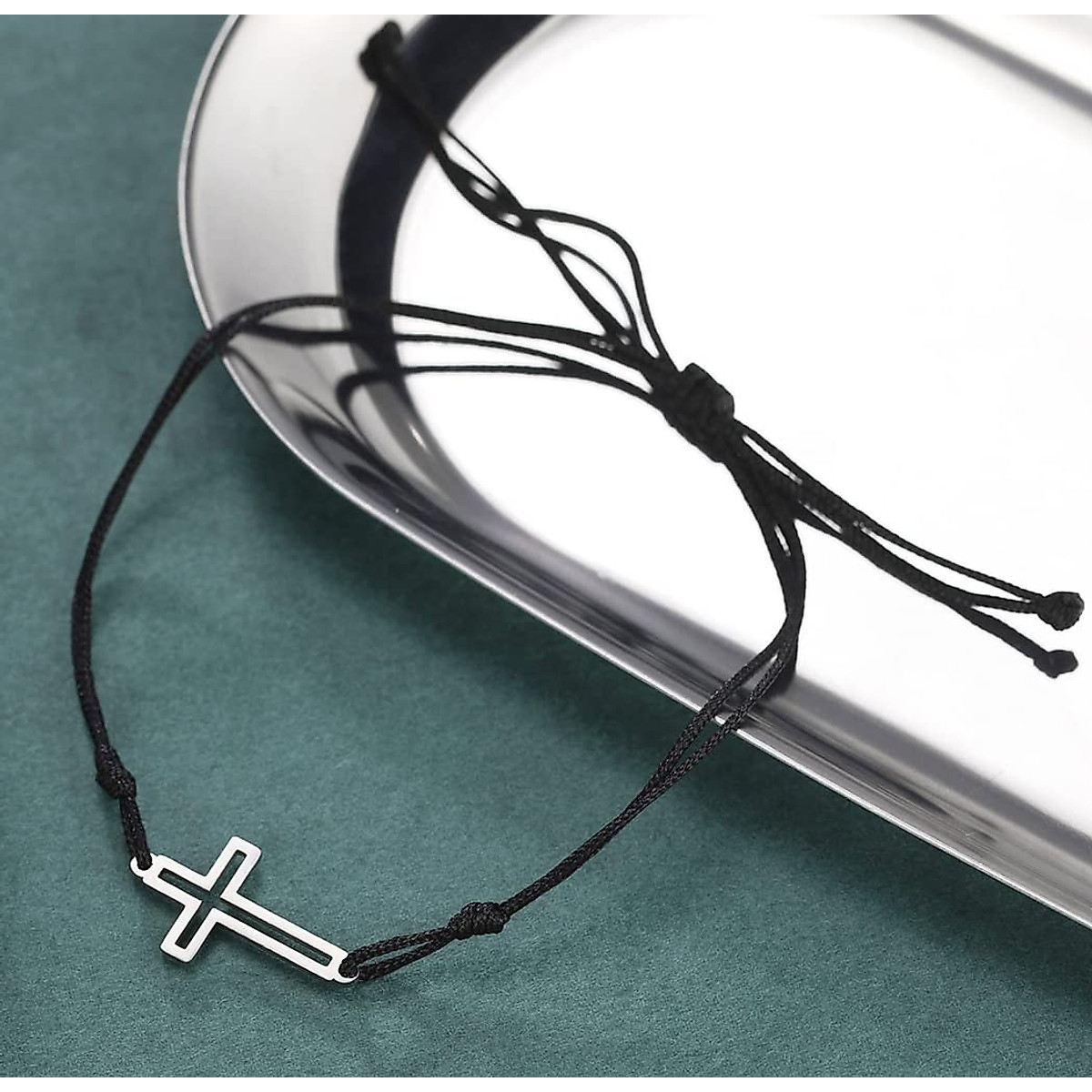 UNIFT Cross Bracelet For Women Men Stainless Steel Hollow Out Cross Adjustable Sideways Double Rope String Bracelet Christian Catholic Jewelry (silver, Stainless Steel)