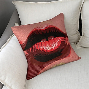 JOJOART Women's Red Lips Throw Pillow Covers 18×18 Pillowcases Set of 1 Pop Art Style Linen Decorative Square Pillow Case Cushion Covers Standard Size for Sofa Couch Outdoor Bed Pillow Protectors