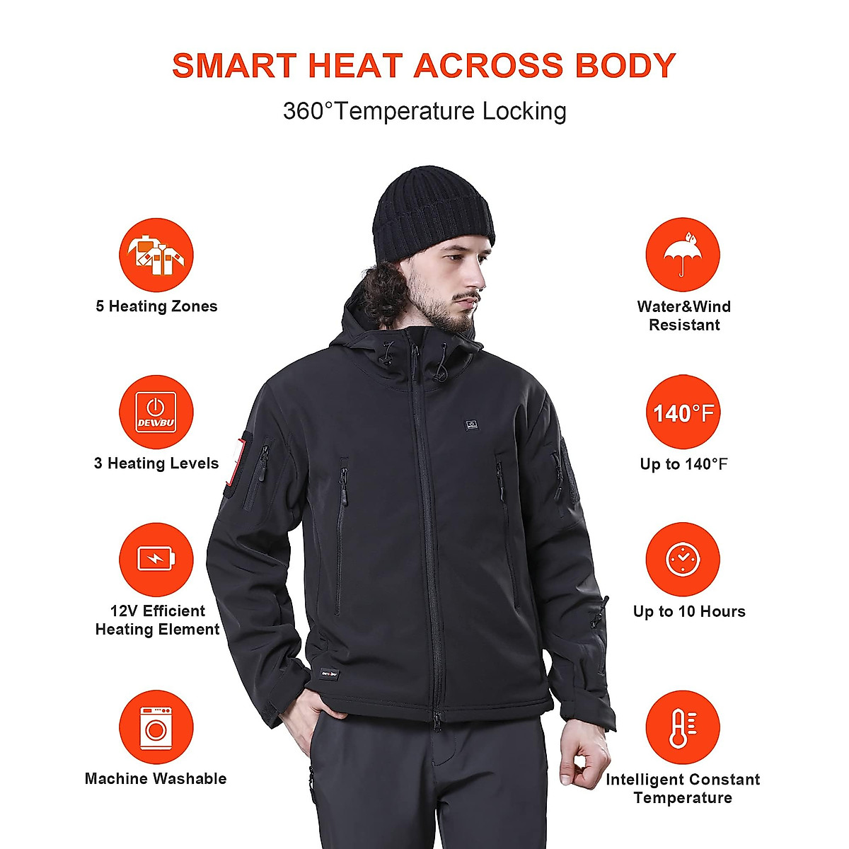 DEWBU Heated Jacket for Men with 12V Battery Pack Winter Outdoor Soft Shell Electric Heating Coat, Men's Black, L