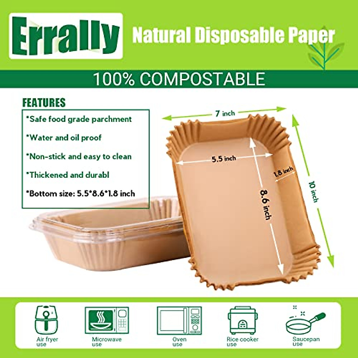 100pcs Air Fryer Disposable Paper Liner for Ninja Dual, Air Fryer Liners Rectangular Food-Grade Parchment Paper 8.6x 5.5 Inches, Ninja Dz201 Air Fryer Accessories Baking Paper(Rectangle)