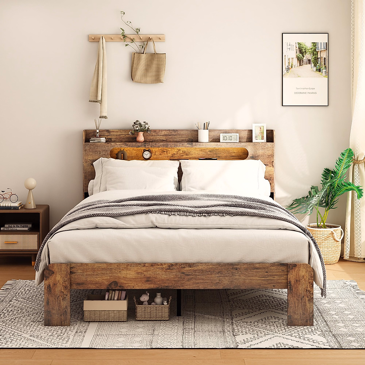 SAMTRA Wooden Queen Size Bed Frame with Storage Headboard, Farmhouse Platform Bedframe with Charging Station & Led Lights, Sturdy Wood Slat Framework, Easy Assembly (Rustic Brown Led)