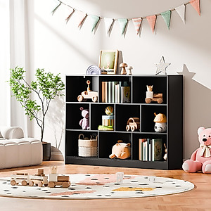 Cozy Castle Black Bookshelf, 3-Tier Open Shelf Bookcase, 10 Cube Storage Organizer with Anti-Tilt Device, Freestanding Horizontal Bookshelf Cube Shelf for Bedroom, Living Room, Office