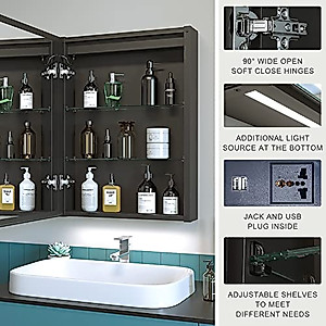 KWW 20 x 28 Inch LED Lighted Bathroom Medicine Cabinet with Mirror, Defogger, Dimmer, 3 Color Light Makeup Mirror, Outlets & USBs, Easy to Install, Wall Mounted Mirror Medicine Cabinet