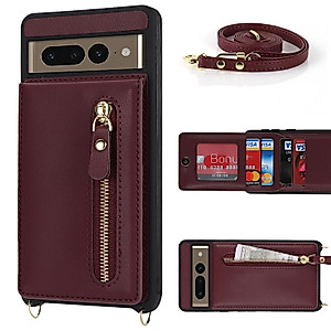 Jaorty Fit for Google Pixel 7 Pro Case for Women with Card Holder 6.7" 5G 2022,Pixel 7 Pro Phone Case with Strap,Crossbody Lanyard Cases with Credit Card Slots with Stand,Burgundy