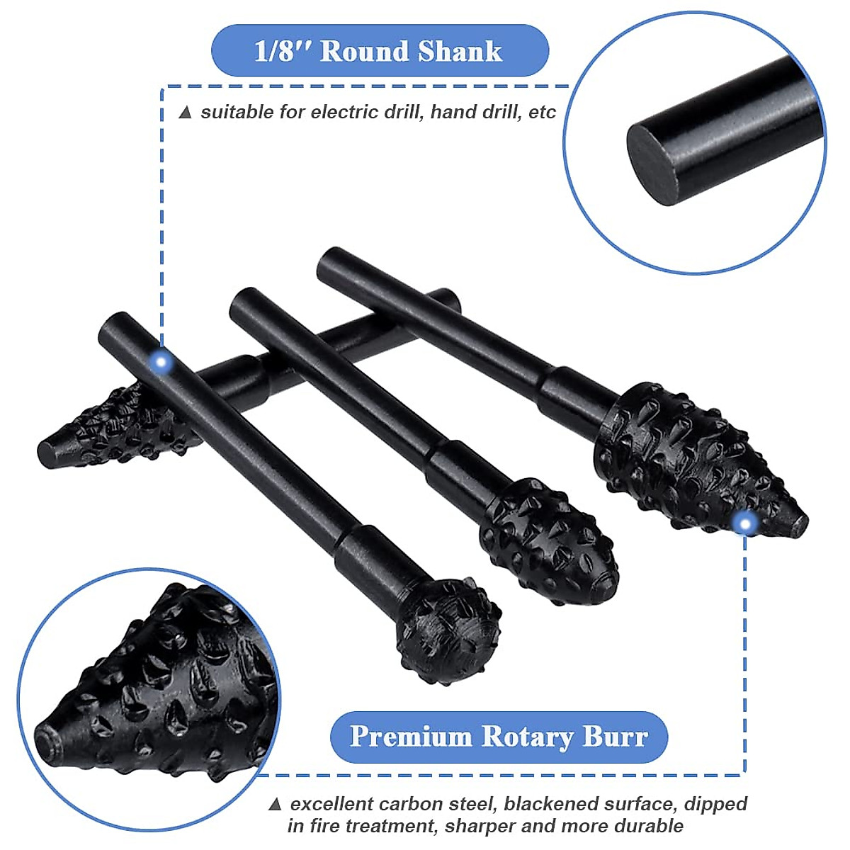 Mesee 10 Pieces Rotary File Rasp Set, 3mm(1/8") Round Shank Rotary Burrs Carbon Steel Carving File Rasp Twist Drill Bits Electric Ginder Rasp Accessory for Woodworking Drilling Engraving