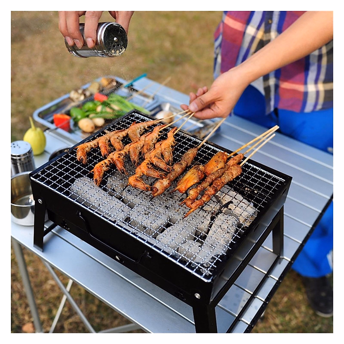 ZICANA BBQ Grill Folding Barbecue Charcoal Grill BBQ Baking Heavy Duty Folding BBQ Tool Kits Outdoor Cooking Camping Hiking Picnic Accessory Picnic