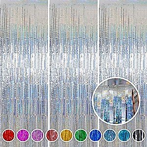 Foil Fringe Curtains Party Decorations - Melsan 3 Pack 3.2 x 8.2 ft Tinsel Curtain Party Photo Backdrop for Birthday Party Baby Shower or Graduation Decorations Silver