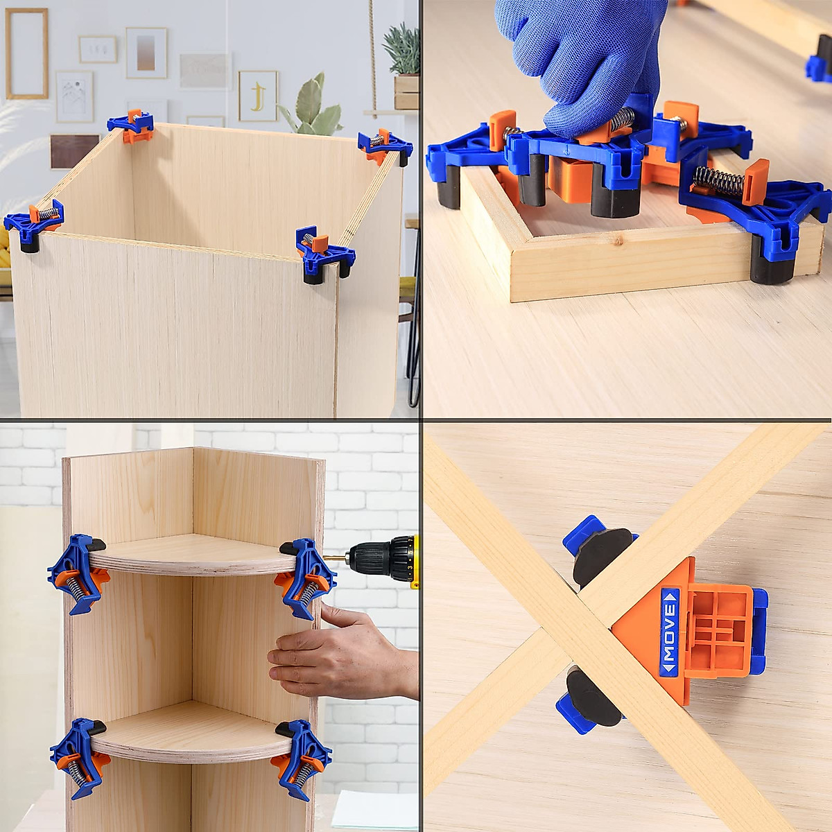 Corner Clamps for Woodworking,90 Degree Right Angle Clamps Set of 4,Woodworking Tools with Work Gloves,Adjustable Spring Loaded Square Clamp for Carpenter,Drilling,Cabinets,Photo Framing Blue