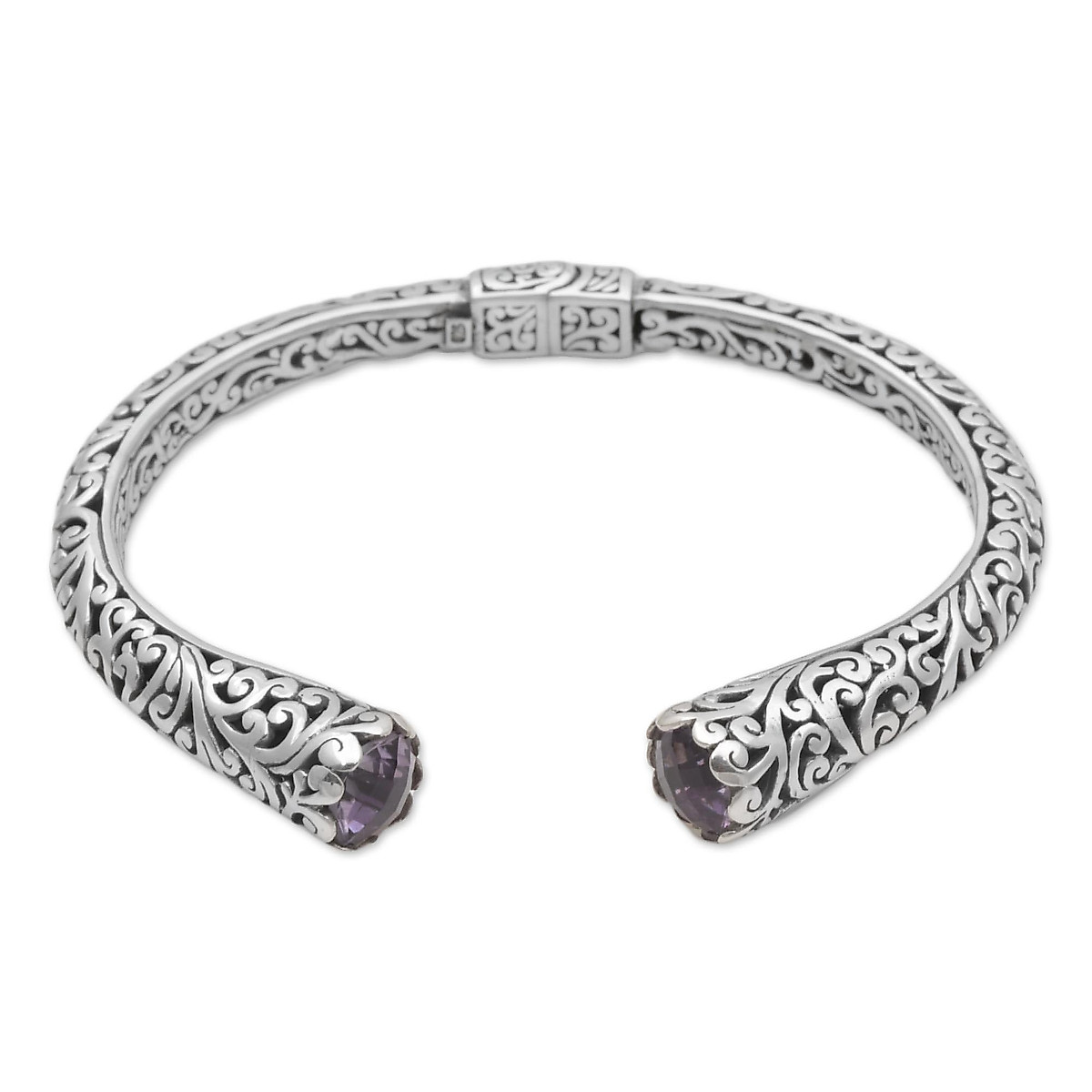NOVICA Artisan Amethyst Cuff Bracelet and 925 Sterling Silver Spiral Motif Purple Indonesia Birthstone [6.25 in L (end to End) x 0.3 in W] ' Spiral Engagement'