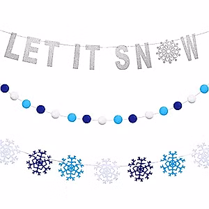 Silver Glitter Let It Snow Banner Winter Snowflake Garland Banner Wool Felt Ball Garland Pom Pom Garland for Christmas Holiday Party Decorations