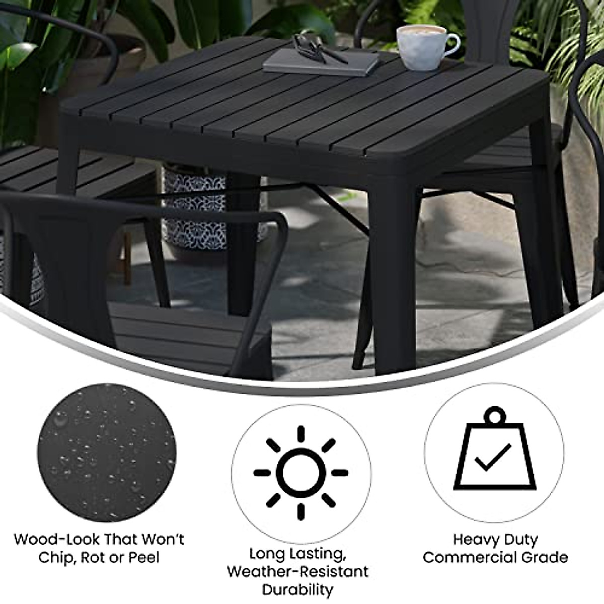 Flash Furniture Helvey Commercial Indoor/Outdoor Set 4 Metal Chairs Seats-Square Table with Poly Resin Top, 5 Piece, Black