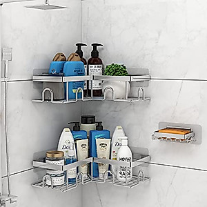 JOFUNBEAU Shower Organizer,Corner Shower Caddy with Soap Holder & Bathroom Canister & 8 Hooks,Adhesive No Drilling Rustproof Stainless Steel Shower Shelves for Inside Shower & Bathroom(Premium Chrome)