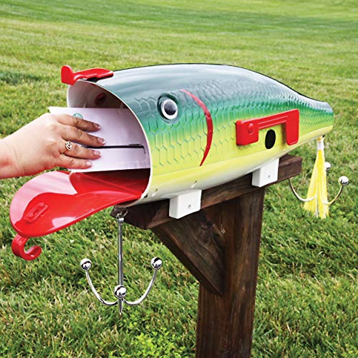 Rivers Edge Products Green Shad Fishing Lure Mailbox for Outside of Residential Home, Rural Mailbox Constructed of Metal with a Plastic Overmold, UV Resistant, Includes Mounting Hardware