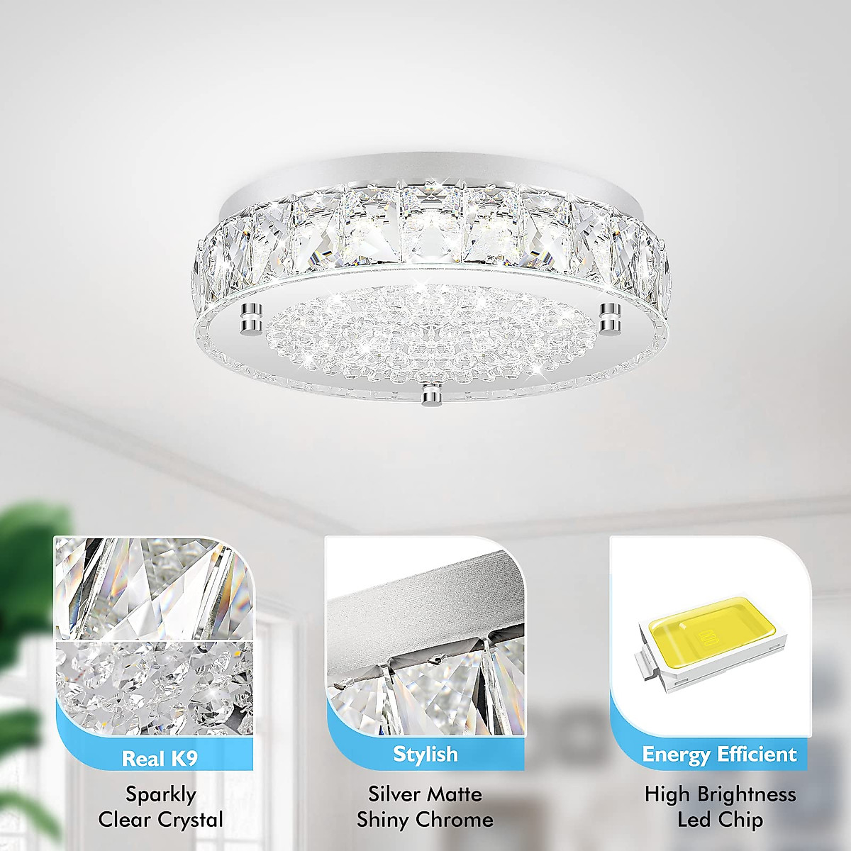 Crystal Chandeliers Flush Mount LED Ceiling Light Fixture, 5000K Daylight White Super Bright 1980LM 11-Inch Non-Dimmable Farmhouse Kitchen Light Modern Ceiling Lamp for Bedroom Bathroom Nursery