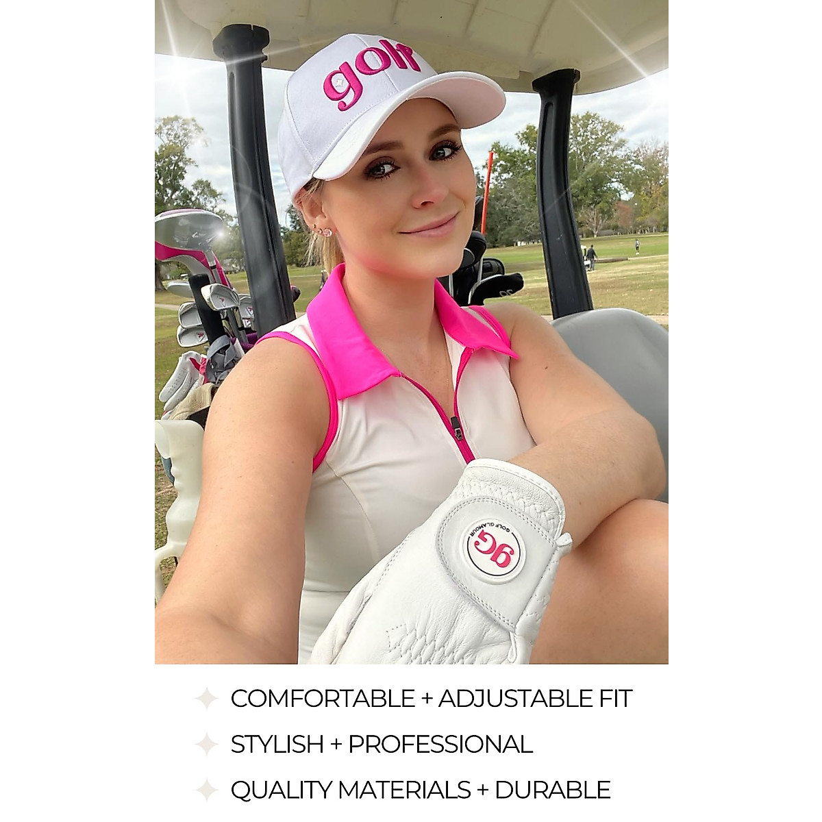 Women's Golf Hat White Ballcap with Pink Accent - Trendy Apparel for Woman, Adjustable Ball Cap, Women, Ladies Cute Golf Gear Apparel Caps - One Size Fits All Unisex