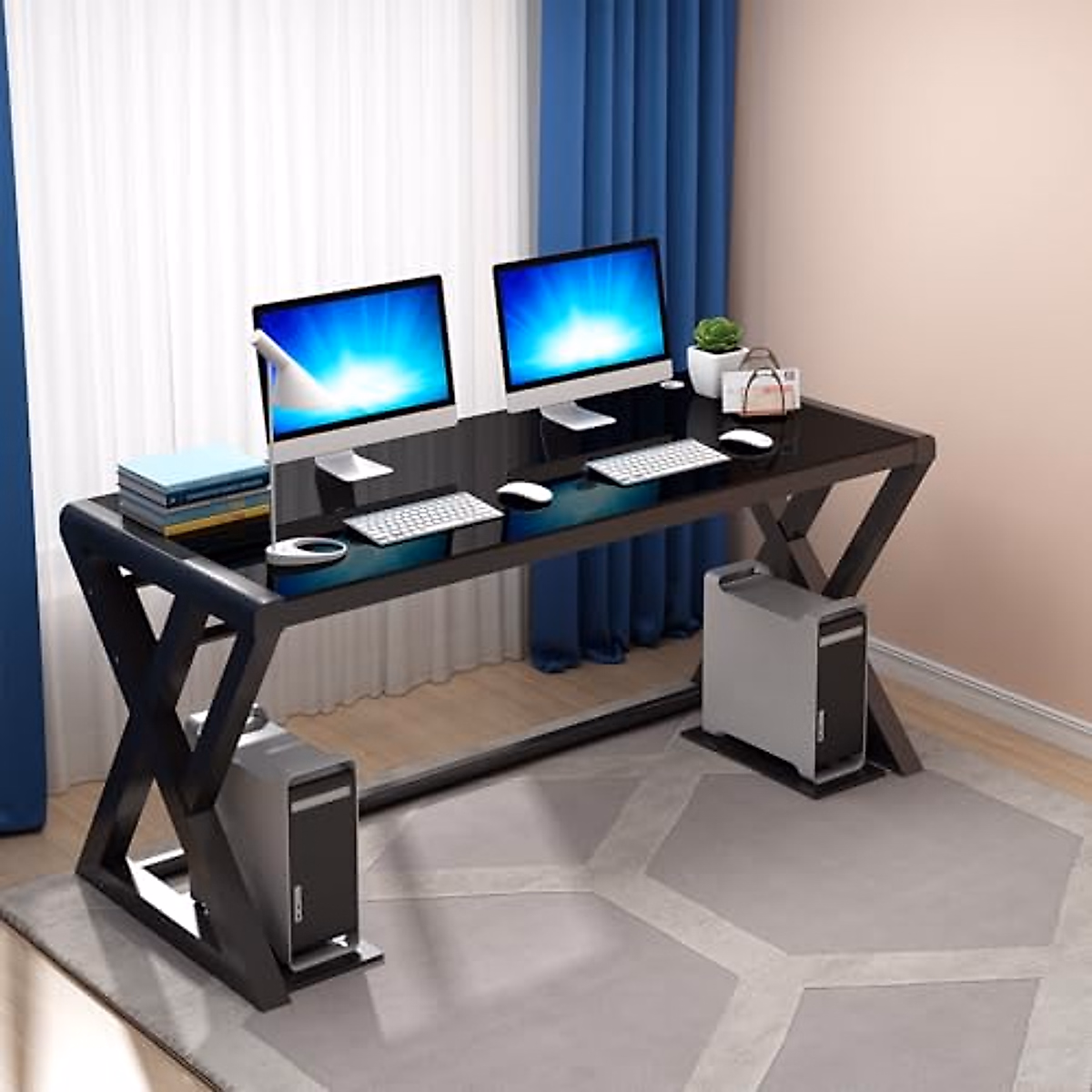 SAMERY Computer Desk Home Office Desks, 55.1 Inch Modern Simple Office Black Glass Desk Computer Table Study Gaming Writing Desk, Fashion Strength Tempered Glass Office Laptop Desk