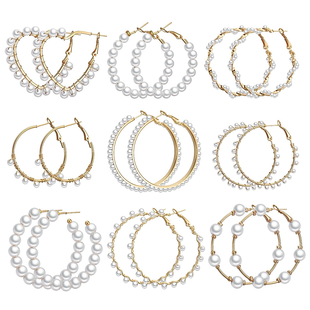 Adoshine Faux Pearl Hoop Earrings for Women Lightweight Open Large Circle Heart Dangle Drop Open Huge Earrings Artificial Pearl Beaded Earrings Brides Jewelry (9 Pairs)