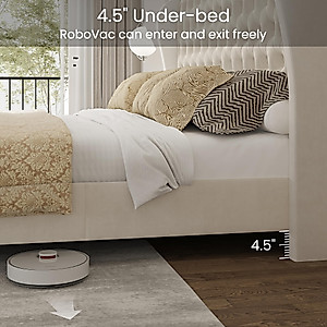 LARMACE King Bed Frame Upholstered Platform Bed with Wingback Headboard & Footbaord Velvet Beds Deep Button Tufted Beds Frames with Wood Slats Support, No Box Spring Needed, Beige