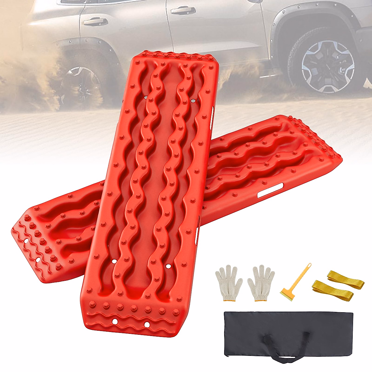 LILYPELLE Off Road Traction Boards, 2PCS Recovery Tracks Traction Mat for 4x4 Vehicle Truck SUV Car Offroad Sand Snow Mud Emergency Tire Traction Pads, Red