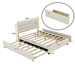 BIADNBZ Queen Size Platform Bed with Trundle and Two Drawers, Solid Wood Bedframe with Upholstered Headboard, for Bedroom, Beige