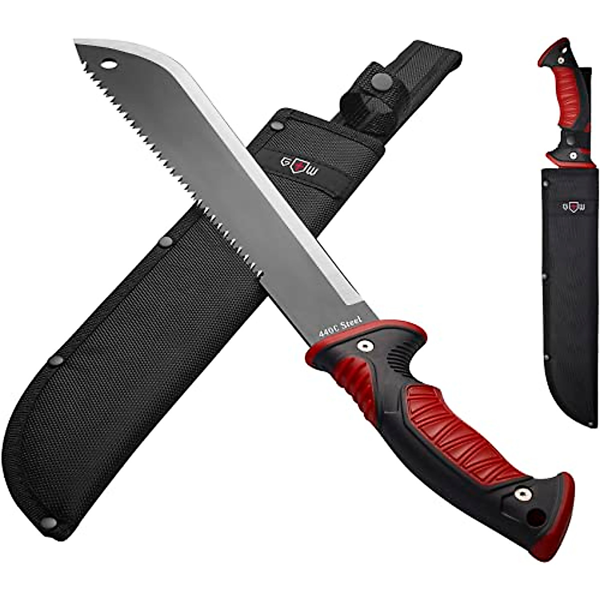 11 Inch Serrated Blade Machete with Nylon Sheath - Saw Blade Machetes with Non-Slip Rubber Handle - Best Brush Clearing Tool Grand Way 111084