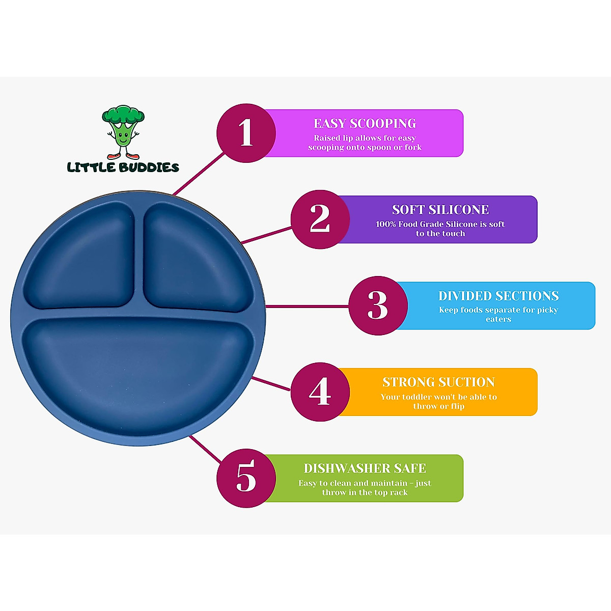 Little Buddies 100% Silicone Suction Dishware Plates for Toddlers and Babies | Dishwasher and Microwave Safe | 3 Pack | Blue, Gray, Green