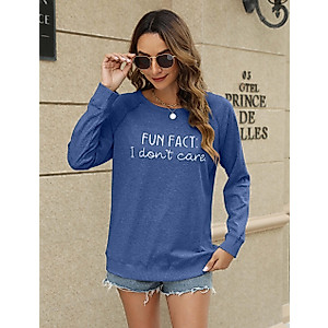 EADINVE "FUN FACT: I don't care Letter Print Women's Crewneck Sweatshirt Raglan Long Sleeve Casual Pullover Tops Blue Medium