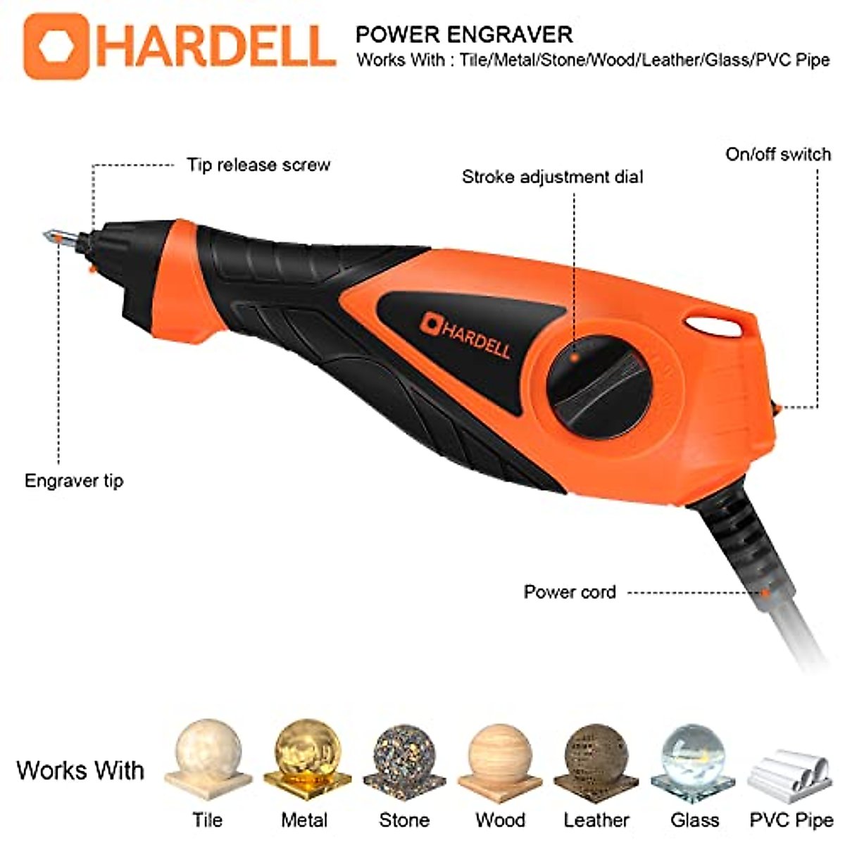 HARDELL Engraver,5 Speed Etching Power Tool Equipped with Soft Rubber Handle and Tungsten Carbide Steel Bits,Mini Multi-Function Engraver for Tile,Metal,Stone,Wood,Leather,Glass,PVC Pipe,DIY Crafts