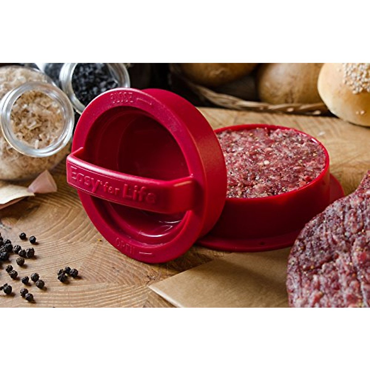 Easy for Life Stuffed Burger Press Kit 3 in 1 - Exclusive Red Color with 20 Free Wax Patty Papers, Non Stick Hamburger Maker, Homemade Patties & Sliders, Patty Molds, Veggie Hamburger Press Shaper