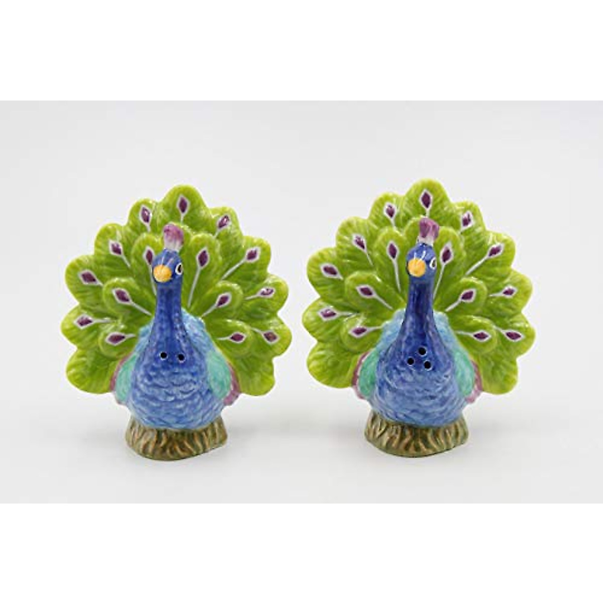 Fine Porcelain Peacock Open Fan Tail Salt & Pepper Shakers Set, 3-1/8" H
