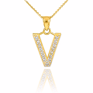 Sideways Crosses 10k Yellow Gold Diamond Initial Letter V Pendant Necklace, 22"