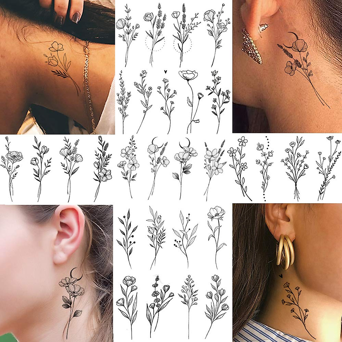 15 Sheets FANRUI Tiny Branch Black Flower Temporary Tattoos For Women Girl Floral Bouquet Small Tattoo Temporary Wild Plant Lavender Sweet Pea Larkspur Fake Tatoo Adults Face Hands Kids Kit Sticker