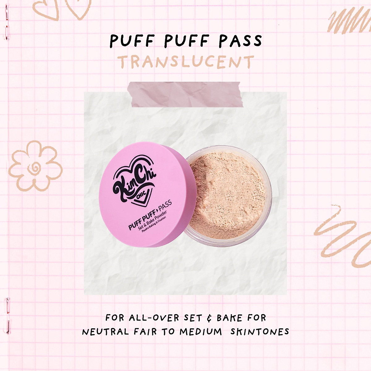 Kimchi Chic Beauty Puff Puff Pass Set and Bake Powder, Loose Face Powder with Extra Fluffy Setting Powder Puff, Soft Natural Face Makeup for Uneven Skin Tone, 03 Translucent