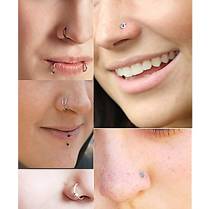 Ofeiyaa 38Pcs Stainless Steel Nose Rings Geometric Nose Studs Septum Ring Hoop Cartilage Stud Nose L & I Shape Body Piercing Jewelry for Women Silver Rose Gold Tone (A2:38pcs,S Silver Stone)