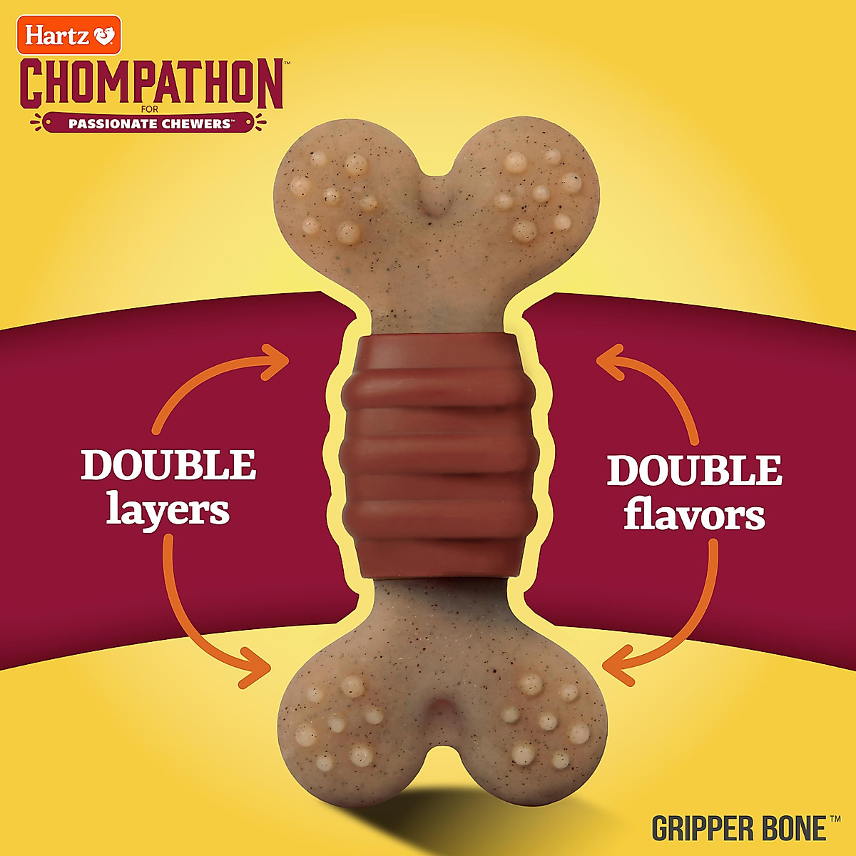 Hartz New Chompathon Gripper Bone Dog Chew Toy for Aggressive Chewers, Double Layered Flavored with Chicken & Bacon