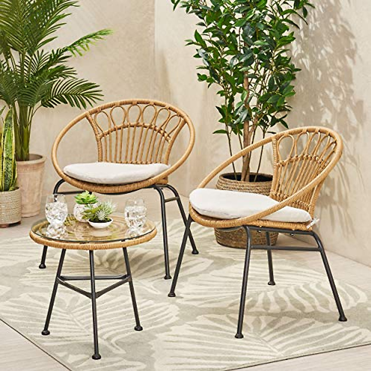 Christopher Knight Home Grace Outdoor 3 Piece Wicker Chat Set, Light Brown, Beige, and Black