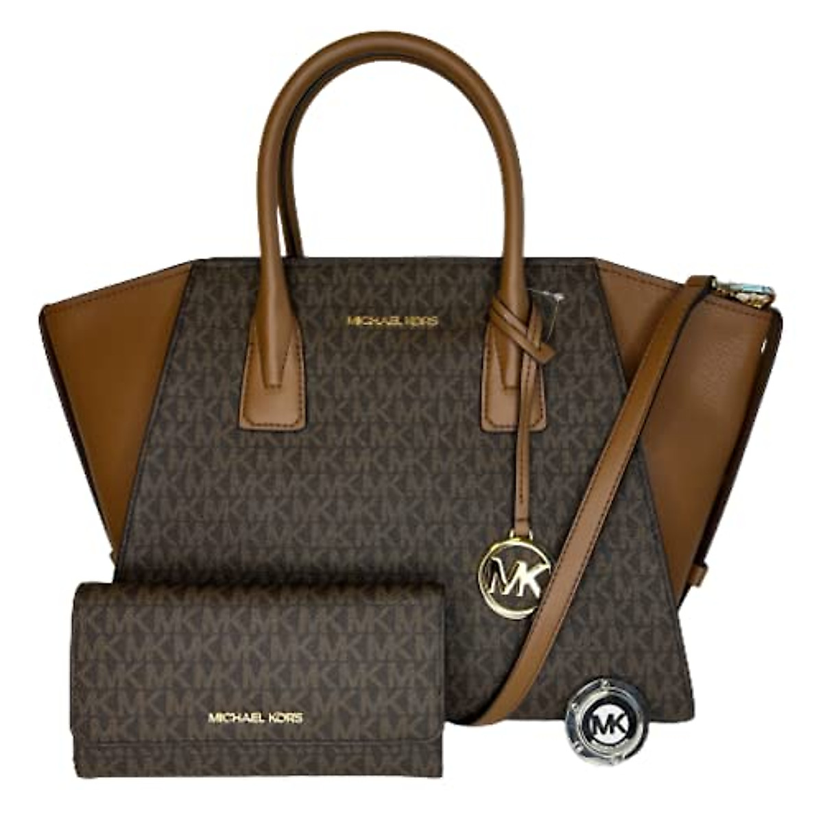 Michael Kors MICHAEL Michael Kors Avril Large Top-Zip Satchel bundled with Trifold Wallet Purse Hook (Signature MK Brown)