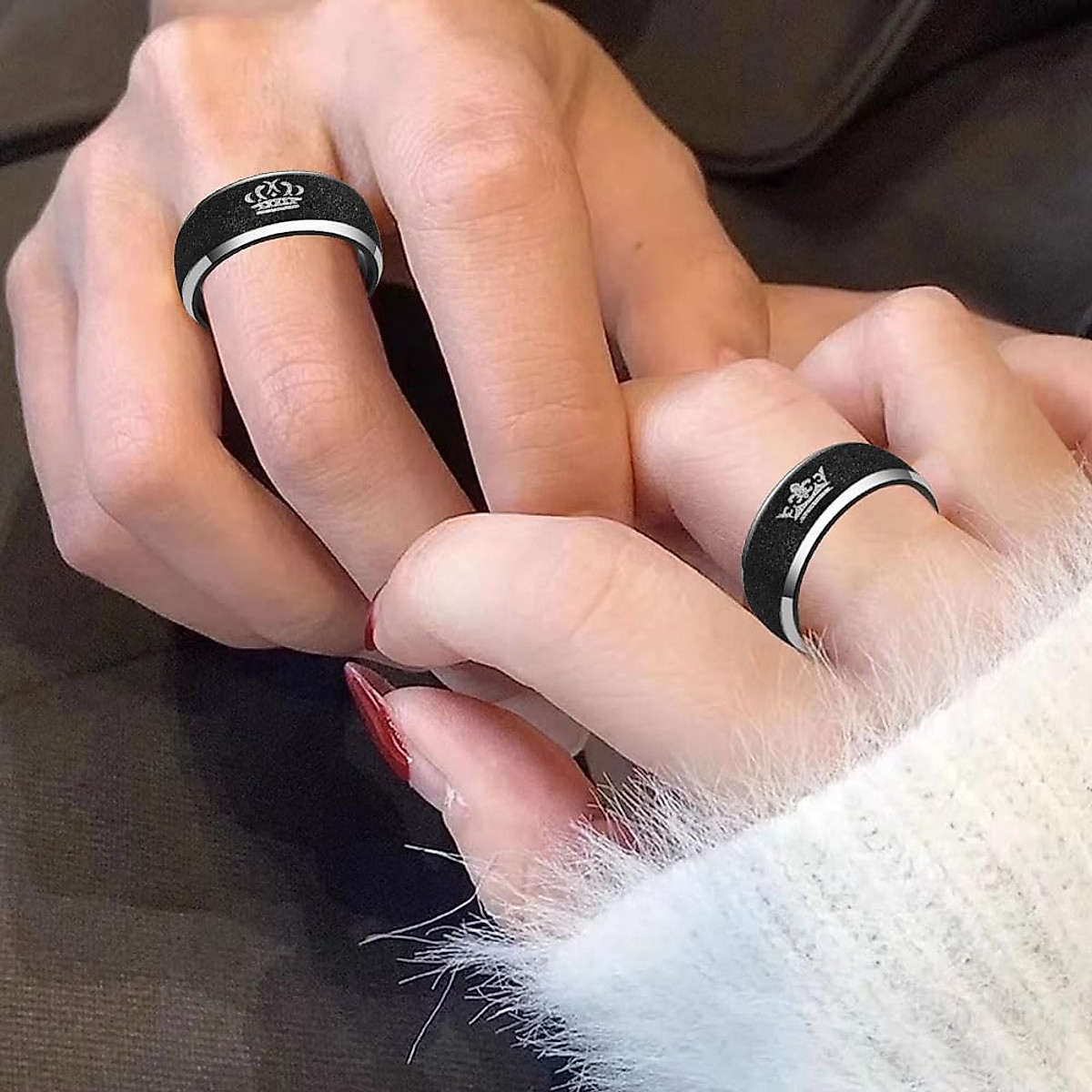 AluoWang King Queen Rings for Couples Set Promise Rings for Him and Her Customizable Matching Wedding Rings for Couples Engagement Rings Black Blue Valentine's Jewelry Gift (Glittering Prince and Princess)