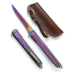 DRACHENADER Rainbow Pocket Knife 8.1" for Men EDC Colored Knife Keychain Pretty folding knife with clip and sheath, gift for mom, girlfriend, women