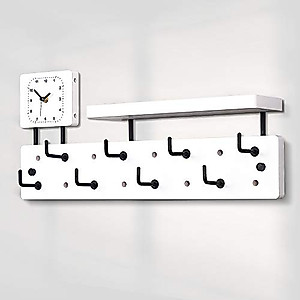 Entryway Coat Hooks with Shelf and Clock, Wall-Mounted Hanging Rack, Hallway/Living Room/Bedroom Organize and Decor Display Hook Rack. Bamboo Wood Body with 8 Metal Hooks, White Colour