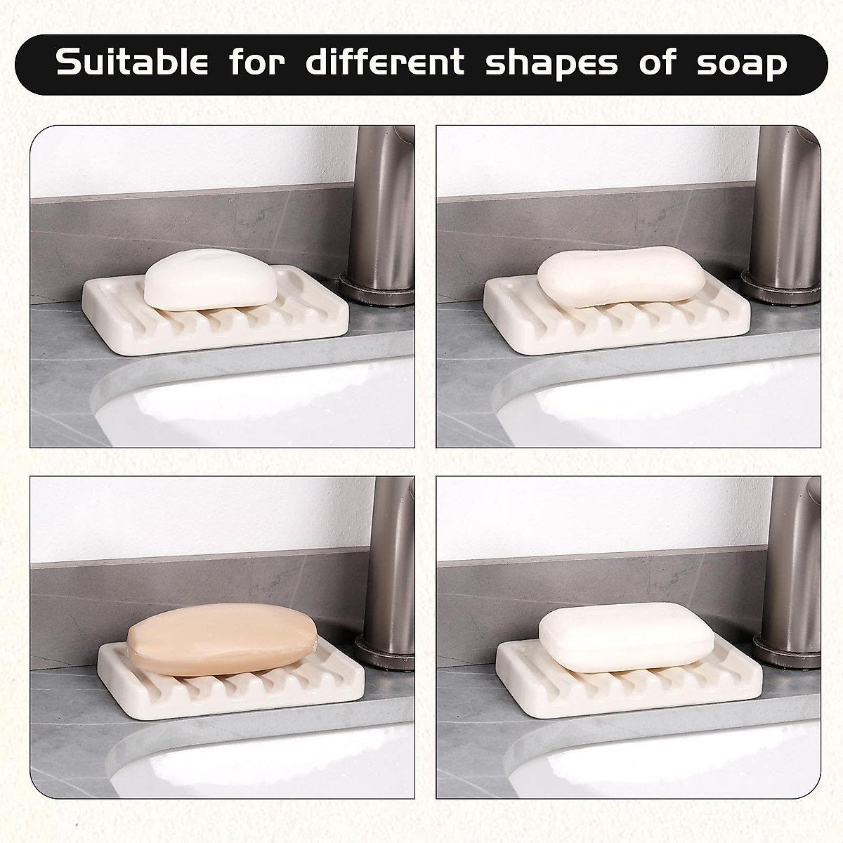 Soap Dish, Ceramic Self Draining Soap Holder, Beige Bar Soap Holder for Shower, Soap Dishes for Bathroom, Easy to Clean Keeps Soap Dry, ANTIS'S HOME