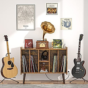 Unikito Large Record Player Stand, Vinyl Record Storage Table with Power Outlet Holds Up to 200 Albums, Turntable Stand with Wood Legs, Vinyl Holder Display Shelf for Bedroom Living Room, Rustic Brown