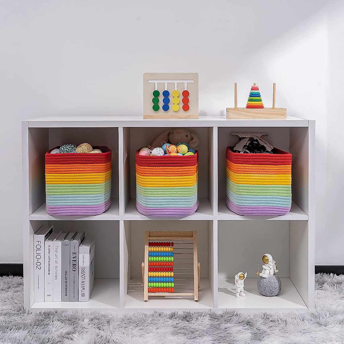 Kriitools 3-Pack Rainbow Storage Basket Bins for Shelves,Woven Storage Baskets for Towel, Durable Cube Storage Bins Skin-friendly Cotton Rope Baskets for Storage