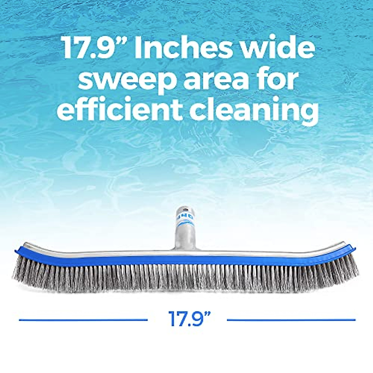 440 Heavy Duty Pool Brush - 18-inch Extra-Wide Metal Brush Head with Stainless Steel Wire Bristles & Curved Edges for Cleaning Pool Tiles, Walls, Floor, Steps - Easy Clip Attachment to Fit Most Poles