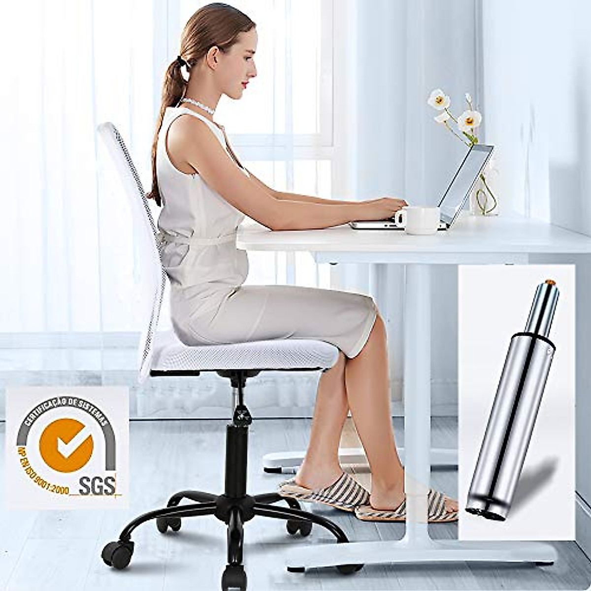BestShop Home Office Chair Computer Chair Mid Back Mesh Chair, Desk Chair Height Adjustable Modern Task Chair No Armrest Rolling Swivel Chair Student Office Chair with Wheels,White