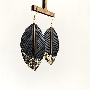 Handmade Bohemian Lightweight Soft Genuine Leather Feather Leaf Dangle Drop Earring Sparkle Real Leather Large Leaf Hook Earrings With Simple Drop Metal Bar for Women Statement Jewelry Gifts (Black Color)